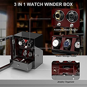 DUKWIN Watch Winder for 2 Automatic Watch, Lockable Red Watch Winder with 3 Watch Storage Places and Jewelry Storage, Super Quiet Mabuchi Motor, High-Gloss Piano Lacquer Finish, Built-in Illumination