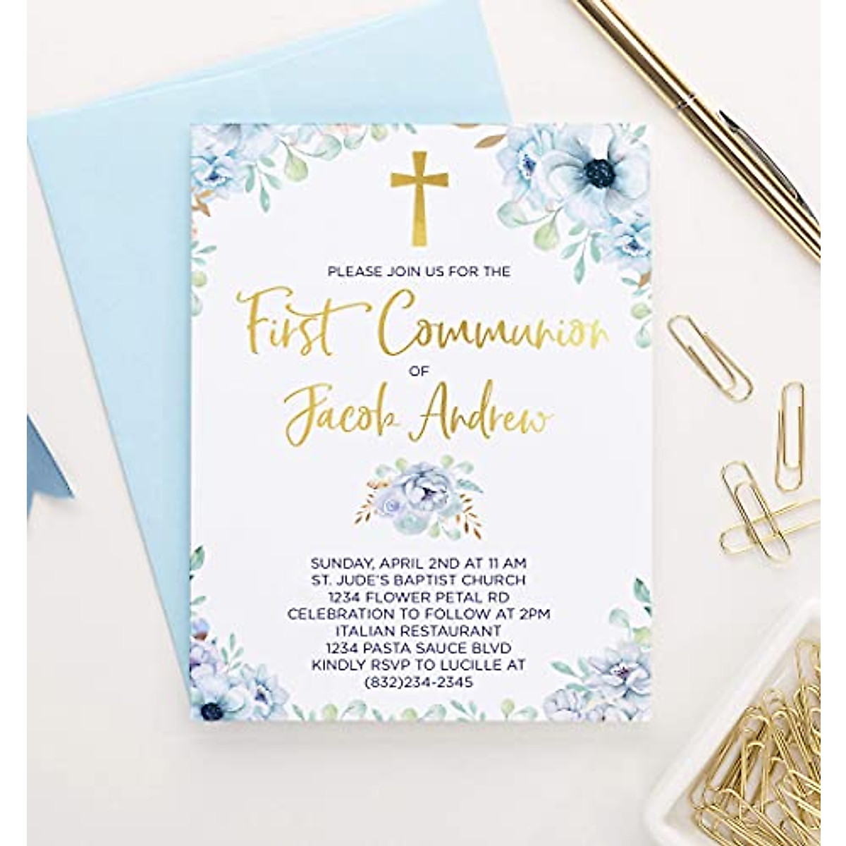 Elegant First Communion Invitations for Boys, Blue Florals First Holy Communion Invites, Your choice of Quantity and Envelope Color