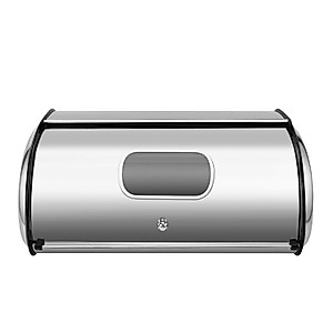 Flexzion Stainless Steel Bread Box for Kitchen Countertop (13 inch) Metal Bread Storage with Roll Up Lid & Front Window for Restaurant & Homemade Cakes, Buns, Pastries, Pancakes, Cookies