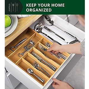 ROYAL CRAFT WOOD Luxury Bamboo Kitchen Drawer Organizer - Silverware Organizer and Cutlery Tray with Grooved Drawer Dividers for Flatware and Kitchen Utensils (7 Slot, Natural)