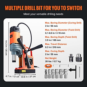 VEVOR Magnetic Drill, 1400W 2" Boring Diameter, 2922lbf/13000N Portable Electric Mag Drill Press with Variable Speed, 810 RPM Drilling Machine for any Surface Home Improvement Industry Railway