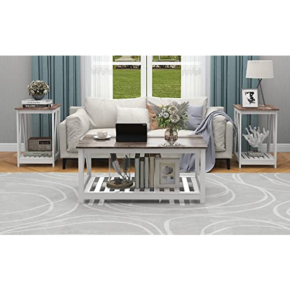 UYIHOME Farmhouse Coffee Table and End Table Set, Oak Grey Wooden Living Room Furniture with Slats Base, Oak Grey