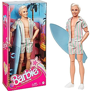 Barbie The Movie Ken Doll Wearing Pastel Pink and Green Striped Beach Matching Set with Surfboard and White Sneakers