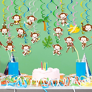 Little Monkey Hanging Swirl Banner Decor 30 Pack Green Jungle Forest Animal Foil Ceiling Streams Garland Banner Cutouts for Kids Zoo Wile One Life Baby Shower Birthday Party Supplies Room Wall Decor