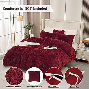 Dekoresyon Plush Duvet Cover Set, Luxury Ultra Soft Velvet Duvet Cover Set Fluffy Plush Shaggy Bedding Sets 4 Pieces (1 Duvet Cover + 2 Pillow Case + 1 Pillow Cover) Zipper Closure (Queen, Red)