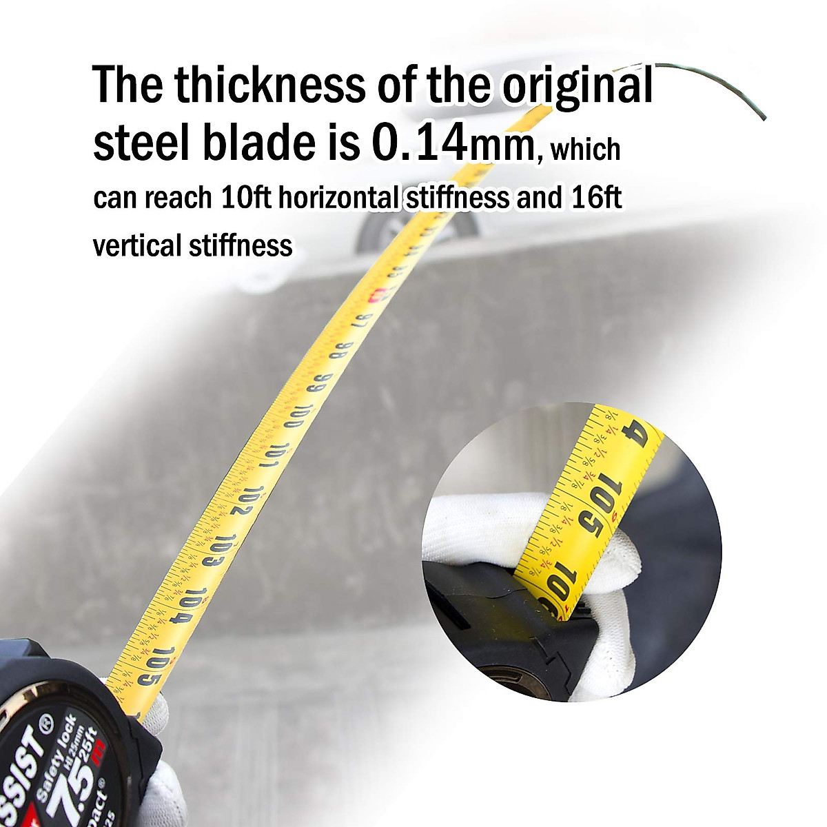 25FT Measuring Tape by ASSIST-Easy Read Double Side Printing with Metric and Inches，2.6m Level Standout Blade,Heavy Duty Shock Absorbent Rubber Case-for Construction，Surveyor