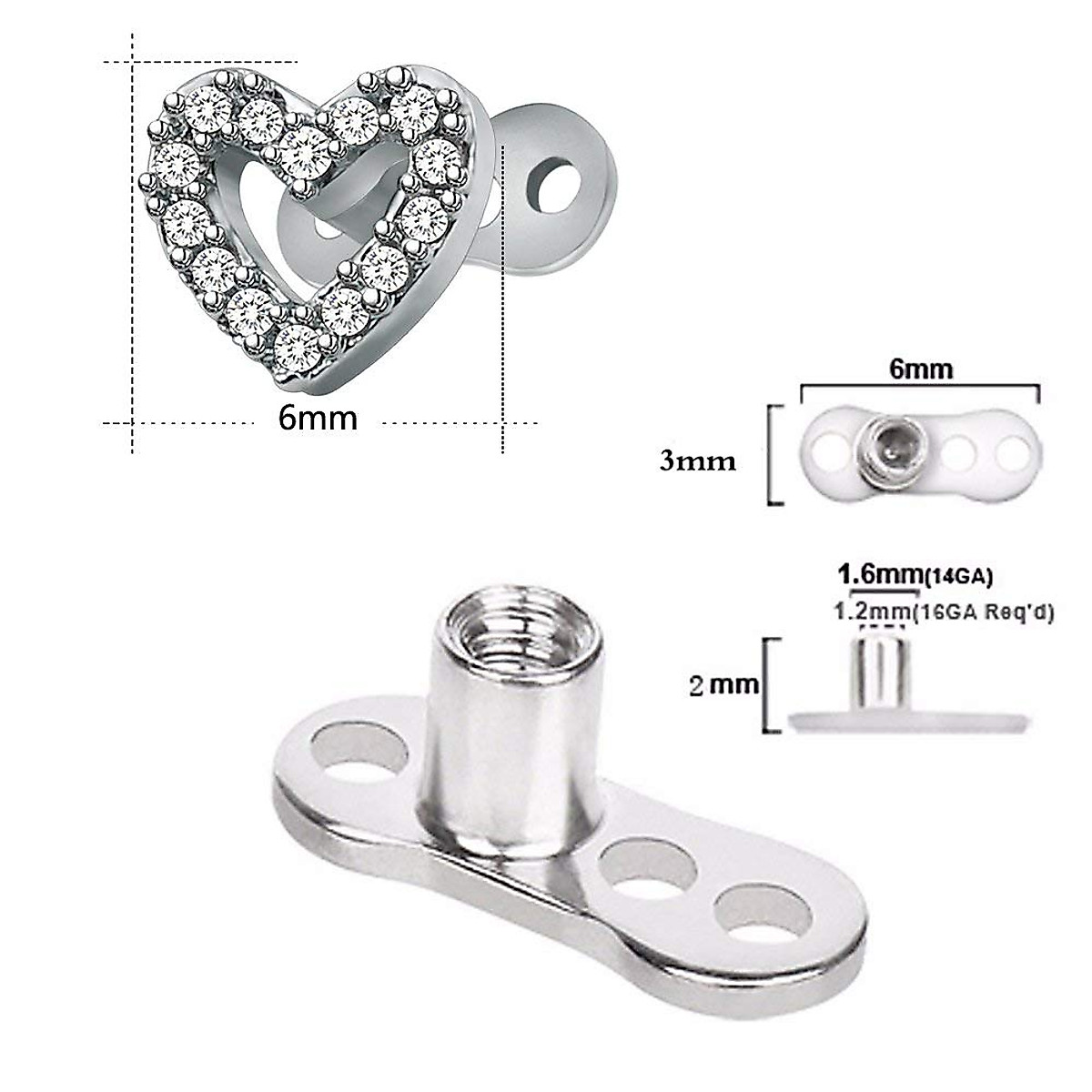 ZS 14g Cubic Zirconia Dermal Anchor Tops and Base Surgical Steel Microdermals Body Piercings (Hollow heart)