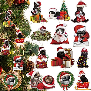 36 Pcs Black Cat Christmas Ornament for Tree Christmas Tree Ornaments Black Cat Decor Christmas Cat Wood Gift for Cat Lovers Women Men Xmas Car Hanging Ornaments