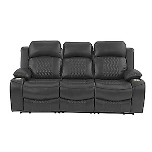 Benjara Seda 80 Inch Power Reclining Sofa, USB Port, Vegan Faux Leather, Charcoal Gray