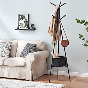 VECELO Coat Rack Freestanding,Hall Trees with Storage Basket,Entryway Clothes Stand with Shelf for Hat,Bags,Scarf Trees with 6 Hooks,Rustic Brown and Black