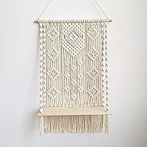 BLUETTEK Macrame Wall Hanging Shelf, Boho Decorative Floating Plants Swing Hanging Shelf Wooden Storage Hanger, Handmade Cotton Rope Woven Home Wall Decor