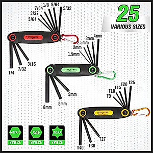 SWANLAKE 25PCS Folding Allen Wrench Set, 3-Pack Metric/SAE/Torx Allen Key Set for Basic Home Repair