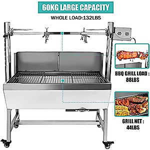 KODOM 132LBS Stainless Steel Rotisserie Grill with Back Cover Guard, 25W Motor Small Pig Lamb Rotisserie Roaster, 37 Inch BBQ Charcoal Rotisserie Roaster Grill for Camping Outdoor Kitchen