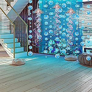 Nezyo 4 Pieces Glitter Iridescent Jellyfish Hanging for Under The Sea Party Decorations Jellyfish Decor Bubble Garlands Transparent Blue for Ocean Mermaid Party Birthday Wedding Baby Shower Decor