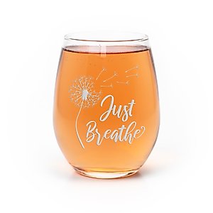 Just Breathe Dandelion Stemless Wine Glass - Just Breathe Gift, Dandelion Gift, Flower Gift, Momlife Gift, Just Breathe Wine Glass