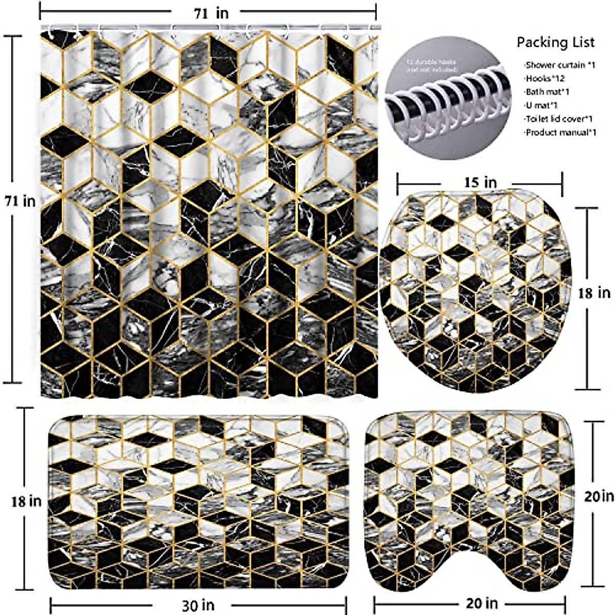 4 Pcs Bathroom Shower Curtain Set, Honeycomb Marble Bathroom Sets with Rugs(Bath Mat,U Shape and Toilet Lid Cover Mat) and 12 Durable Hooks