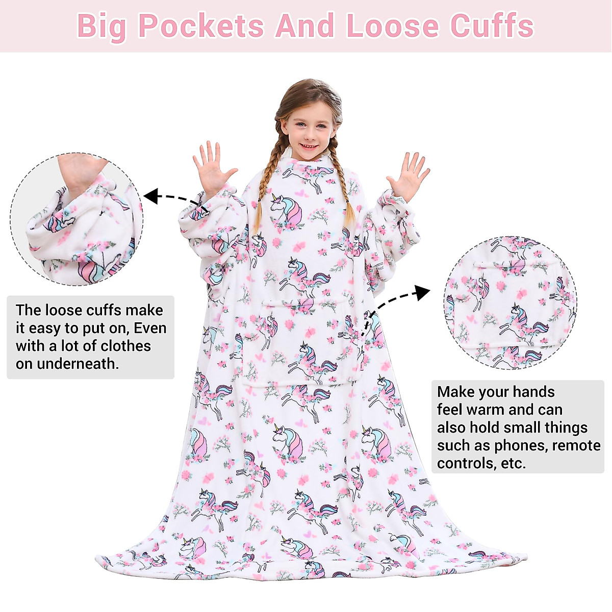 Viviland Wearable Fleece Blanket For Kids with Sleeves & Foot Pocket for kids Snuggie Lightweight Soft Blanket for Girls Hook & Loop 47" x 47" Inches (White Unicorn)