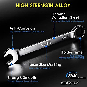 YIYEIE 8 Pc. Ratcheting Wrench Set, SAE 5/16, 3/8, 7/16, 1/2, 9/16, 5/8, 11/16, 3/4 Inch, 72 Tooth, CR-V Steel, Standard Combination Ratchet Wrench Set