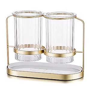 Kitchen Utensil Holder for Countertop 2 Clear White Cups with Gold Iron Frame Cooking Utensil Crock Chic Modern Cutlery Caddy Practical Utensil Pot for Counter for Fork Spoon Knife Flatware Silverware