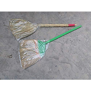 Vietnamese Original Soft Fan Straw Broom with Straw Handle (chổi lúa) 40 inch and a Plastic Handle Broom, 2 Broom