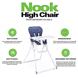 Joovy Nook NB High Chair Featuring Four-Position Adjustable Swing Open Tray, 3-Position Reclining Seat, and Front Wheels for Added Mobility - Folds Down Flat for Easy Storage, Slate