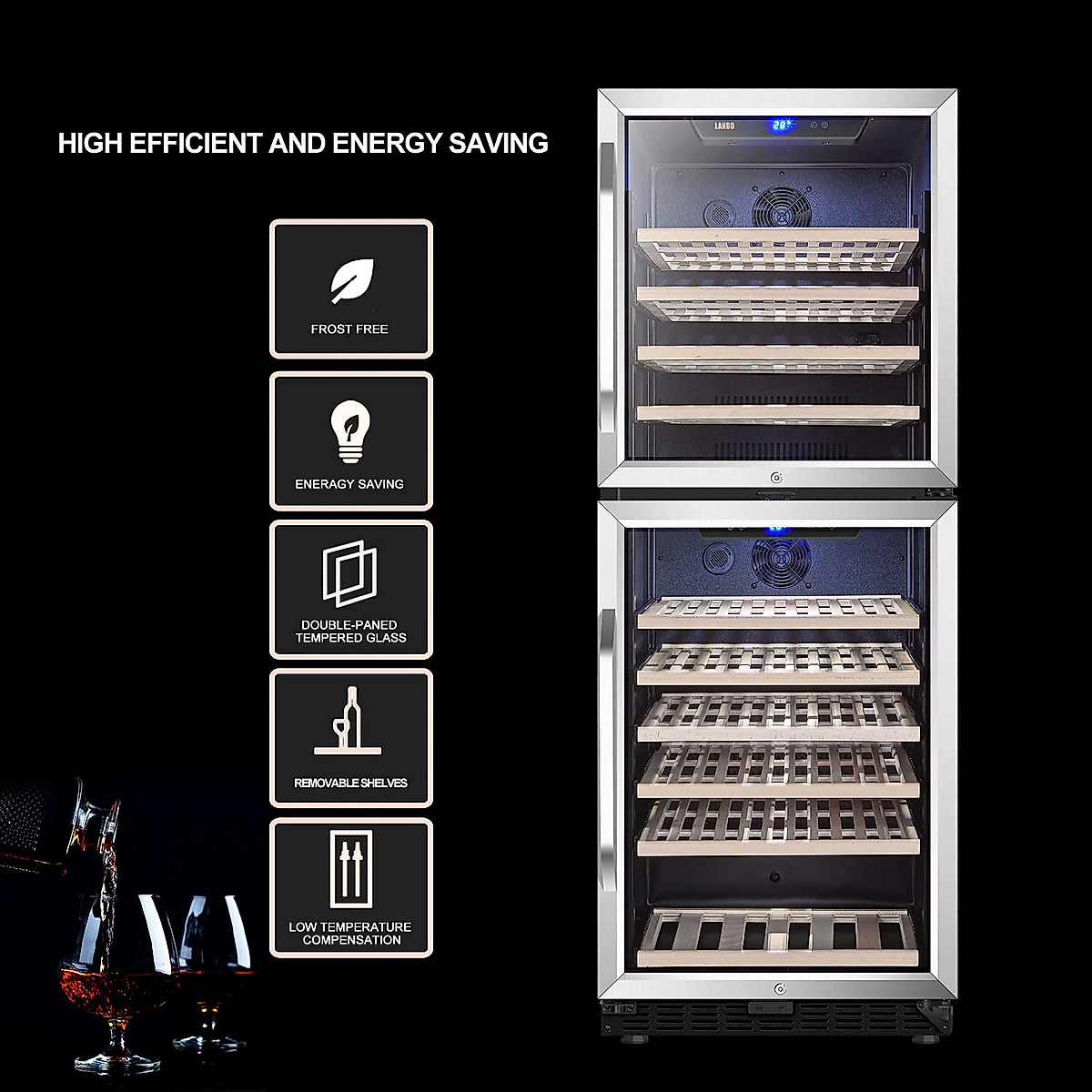 Lanbo Built-in Dual Zone Wine Cooler with Double-Layer Glass Door, 133 Bottle