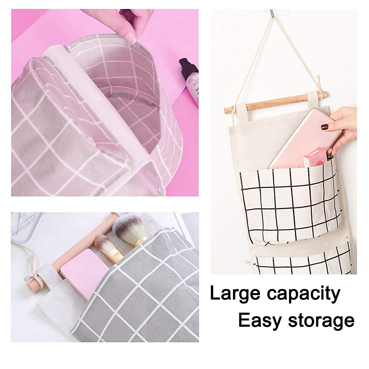2 Pcs Dndo Wall Door Closet Hanging Storage Bag, Over The Door Closet Organizer with 3 Pockets, Linen Cotton Fabric Hanging Storage Pouches for Bedroom Bathroom- Waterproof & Stylish (Gray/White)
