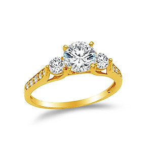 Size - 5 - Solid 14k Yellow Gold CZ Cubic Zirconia Round Cut Three 3 Stone Wedding Engagement Ring (1.5 ct.)