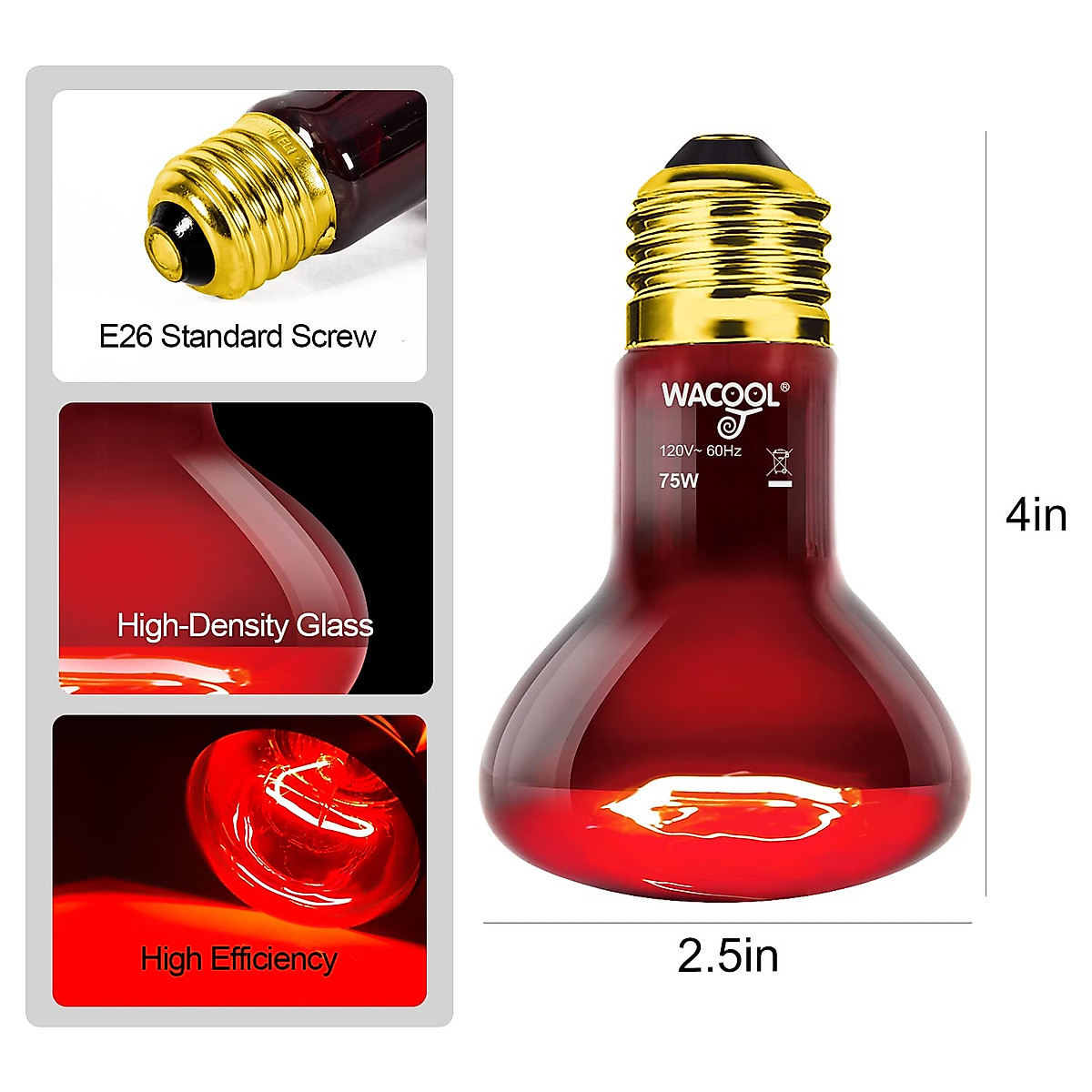 WACOOL 2 Pack Reptile Heat Lamp Bulbs,75W Infrared Basking Spot Light for Reptiles & Amphibians, Red Heat Lamp Bulb for Bearded Dragon Gecko Turtle Lizard