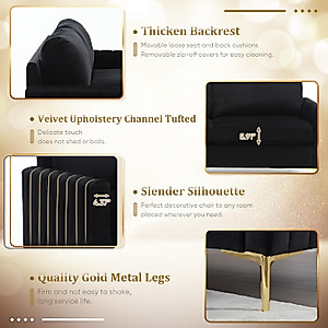 Deolme Velvet Couch Living Room, 85.4-inch Comfy 3-Seater Sectional Couches Love Seat Sofa for Bedroom Furniture juegos de muebles Mid Century Modern Upholstered Soft Cushioned Golden Leg (Black)