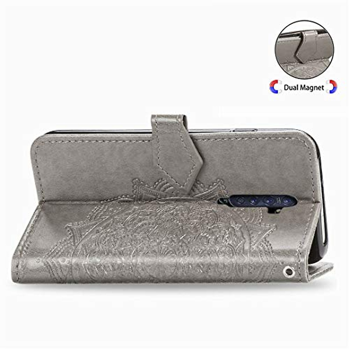 SATURCASE Case for Oppo Reno2 Z, Mandala Embossing PU Leather Flip Magnet Wallet Stand Card Slots Protective Cover with Hand Strap for Oppo Reno2 Z (Gray)