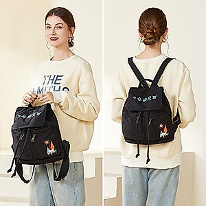 Canvas Backpack Purse for Women Men, Fashion Embroidery Casual Backpack Casual Travel Rucksack (Black)