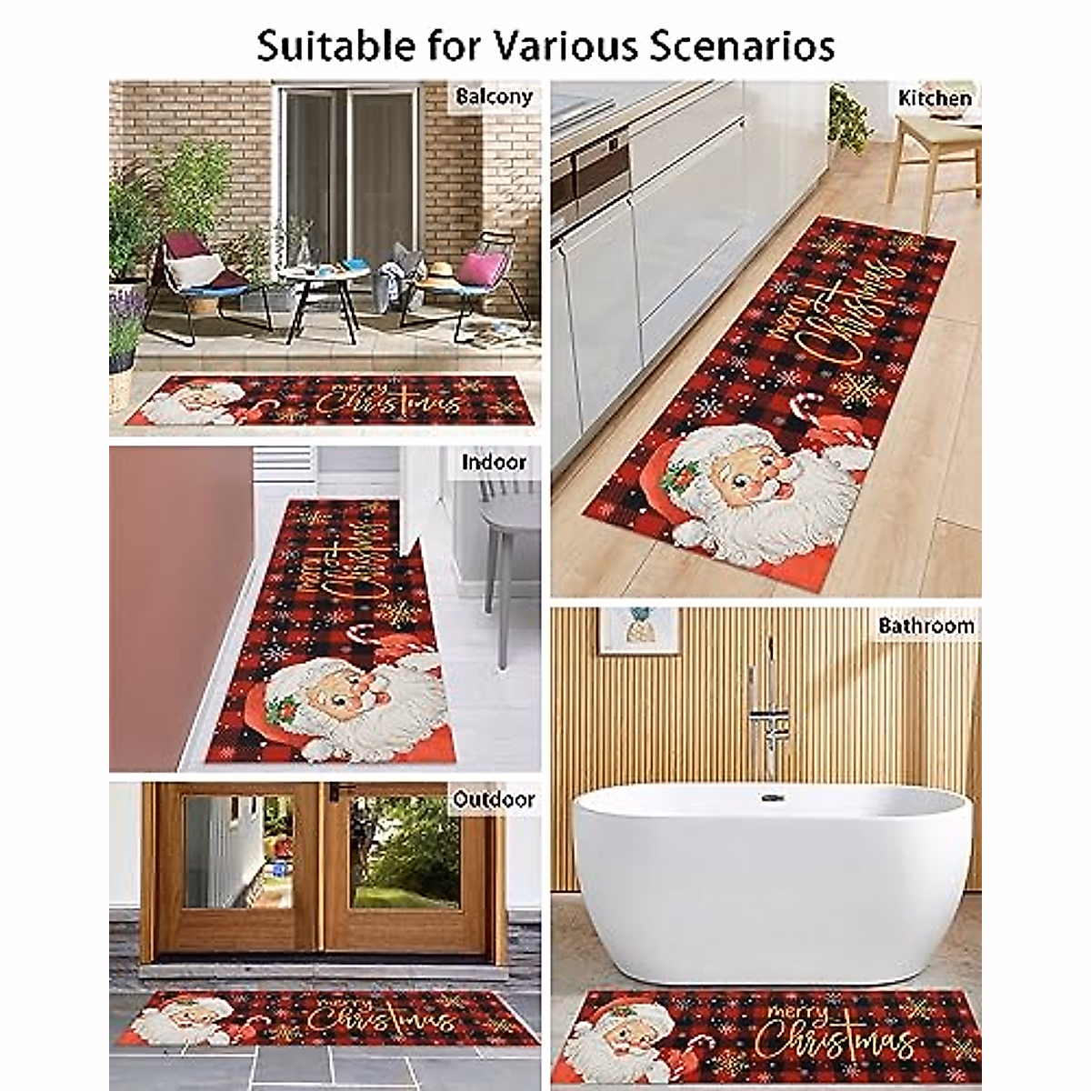 Floor Mat Kitchen Rug Santa Claus Merry Christmas Winter Snow Washable Doormat Non Slip Bathroom Rugs,Red Black Buffalo Plaid Absorbent Carpet for Bedroom Laundry Living Room Sink 18x60in