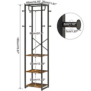 IBUYKE Coat Rack with Shelves, Freestanding Hall Tree with 3 Shelves and 8 Hooks, Industrial Clothes Stand for Entryway, Hallway, Bedroom, Rustic Brown UTMJ088H