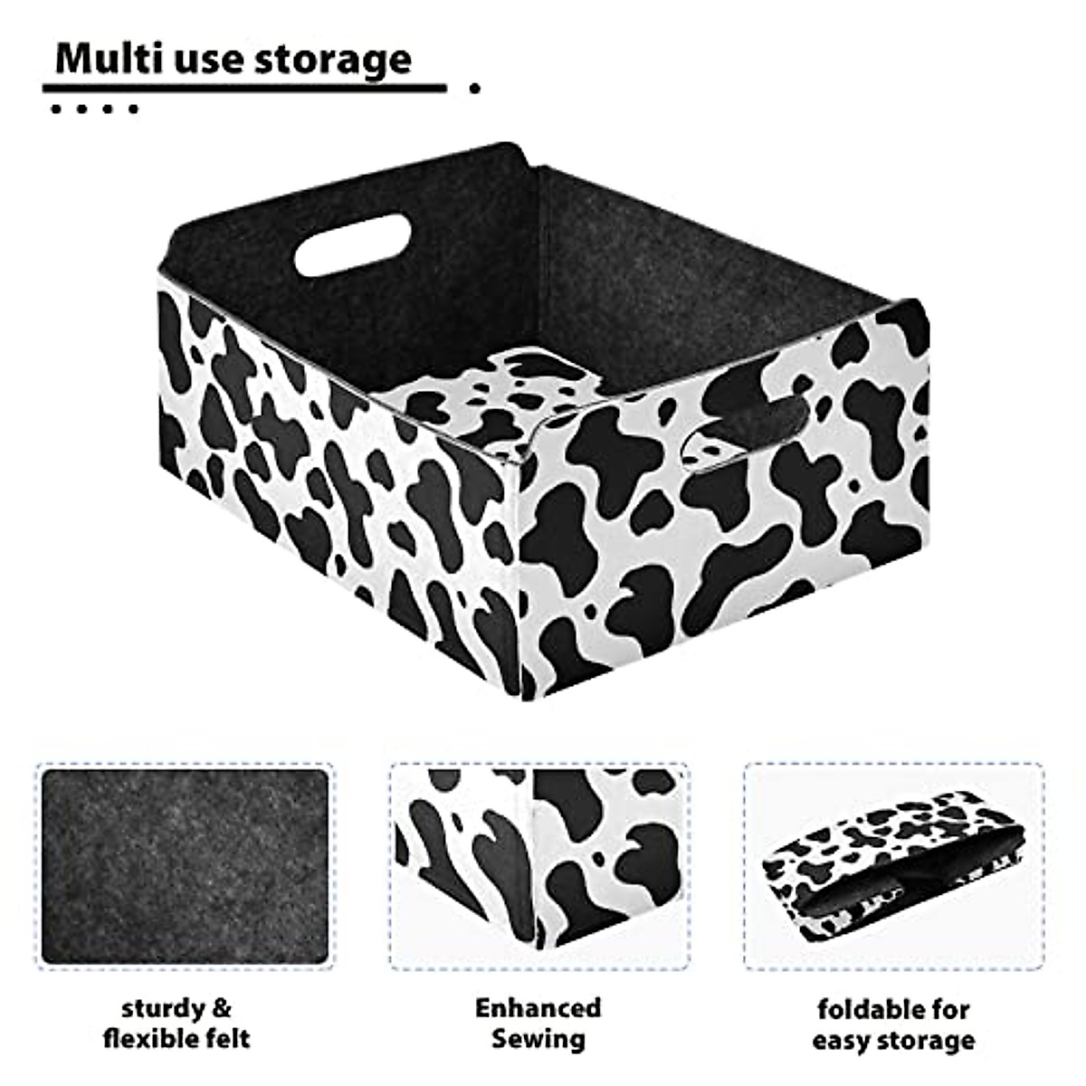 Kigai Black & White Cow Print Storage Bins with Handles Felt Fabric Collapsible Storage Basket Organizer Drawers Storage Boxes for Shelf Closet Bedroom (14x5x10Inch)