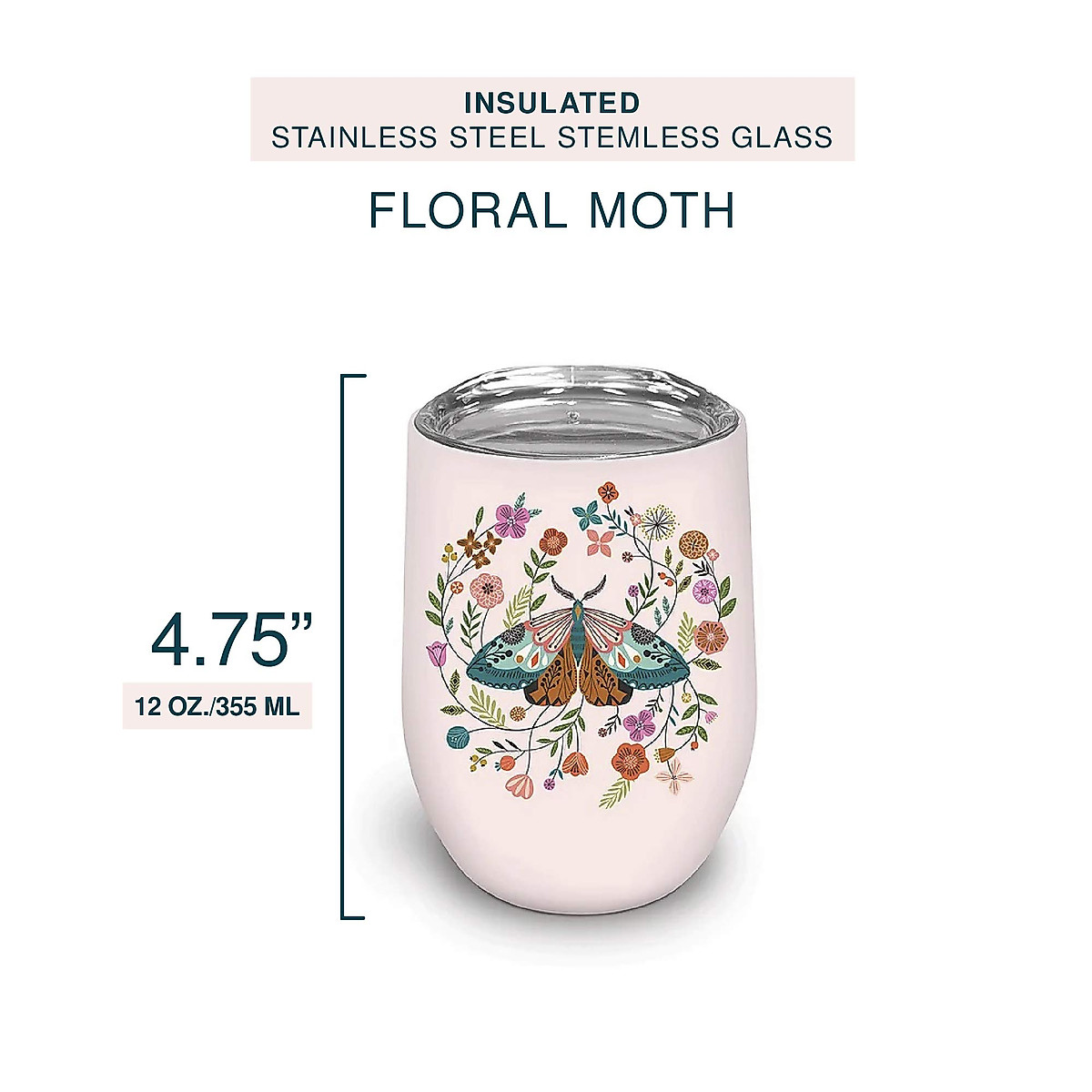 Studio Oh! Insulated Stainless Steel Stemless Glass Tumbler Floral Moth - 12-Ounce Double-Wall Construction with Full-Color Artwork & Spill-Resistant Drink-Through Lid