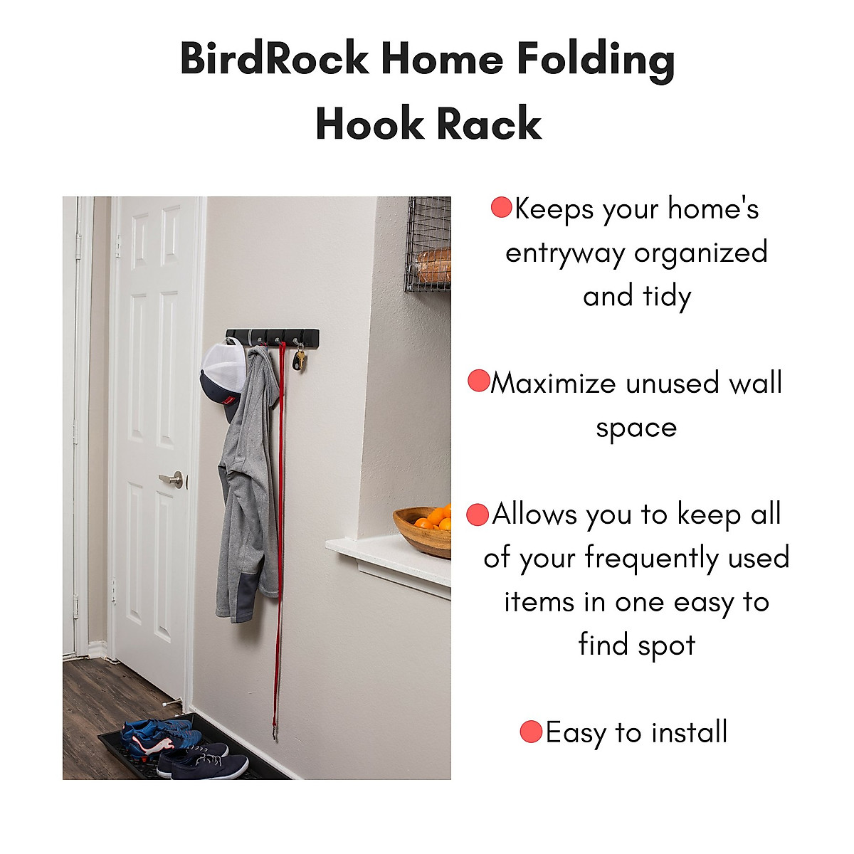 BIRDROCK HOME Folding Hook Coat and Hat Rack - 5 Hooks - 18 Inches - Wall Mount - Decorative Home Storage - Entryway Foyer Hallway Bathroom Bedroom Rail - Satin Nickel Hooks - Black Rail