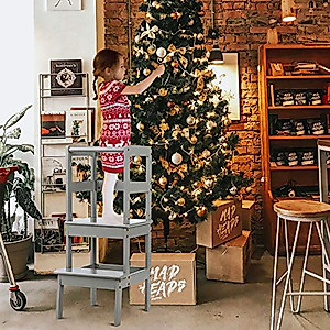 Costzon Kids Kitchen Step Stool with Safety Rail, Wood Standing Tower Learning Stool with Anti-Slip Strips for Children, Toddlers Kitchen Counter Helper Stool for Bathroom