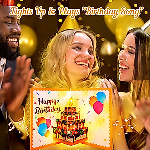 FITMITE Birthday Cards, Musical Pop Up Birthday Cards with Light, Blow Out LED Light Candle and Play Happy Birthday Music Pop Up Card, 90 Degree Vertical Cake Greeting Card, Birthday Gifts for Women