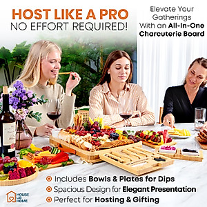 Cheese Board - 2 Ceramic Bowls 2 Serving Plates. Magnetic 4 Drawers Bamboo Charcuterie Cutlery Knife Set, Round Tray, 2 Forks, Wine Opener, Labels, Markers, Gift for Birthdays, Weddings, Housewarming