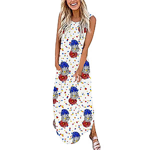 Dresses for Women Plus Size Women Casual Printing Loose Sundress Long Dress Crisscross Sleeveless Split Maxi Dress White