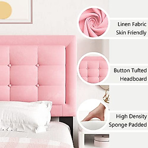 UNIZONE Full Upholstered Bed Frame with Headboard, Tufted Platform Bed with Button Headboard, Wood Slats Support, Mattress Foundation, No Box Spring Needed, Easy Assembly, Modern, Velvet, Pink