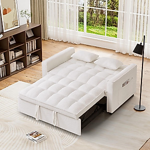 DAMAIFROM Sofa Bed, 3 in 1 Sleeper Sofa Bed with Pull Out Sofa Bed, Teddy Convertible Pull Out Loveseat with Adjustable Backrest and Side Pocket,Small Love Seat for Living Room,Office, White