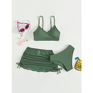 COZYEASE Girls' 3 Piece Plain Swimsuit Wrap Bikini with Ruched Cover Up Skirt Set Olive Green 9Y