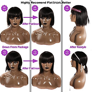 WENYAN Short Bob Wig Human Hair with Bangs 8 Inch None Lace Front Wigs for Black Women Brazilian Virgin Straight Hair 150% Density Machine Made Bob Wigs Natural Color