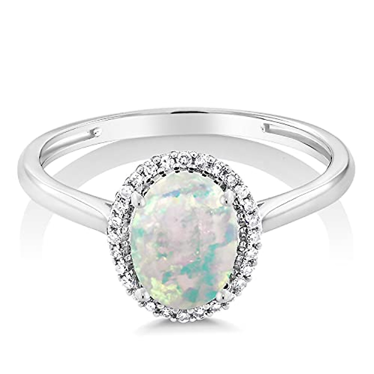 Gem Stone King 10K White Gold 8X6MM Oval Gemstone Birthstone & White Diamond Halo Engagement Ring | Wedding Anniversary Promise White Gold Ring For Women | Size 5,6,7,8,9