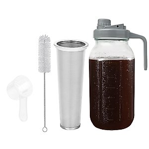 BTWD Cold Brew Coffee Maker, 64oz Glass Mason Jar Pitcher Iced Tea Maker Wide Mouth Spout Lid Airtight with Handle Stainless Steel Filter for Iced Coffee, Ice Lemonade, Fruit Drinks, with Spoon/Brush