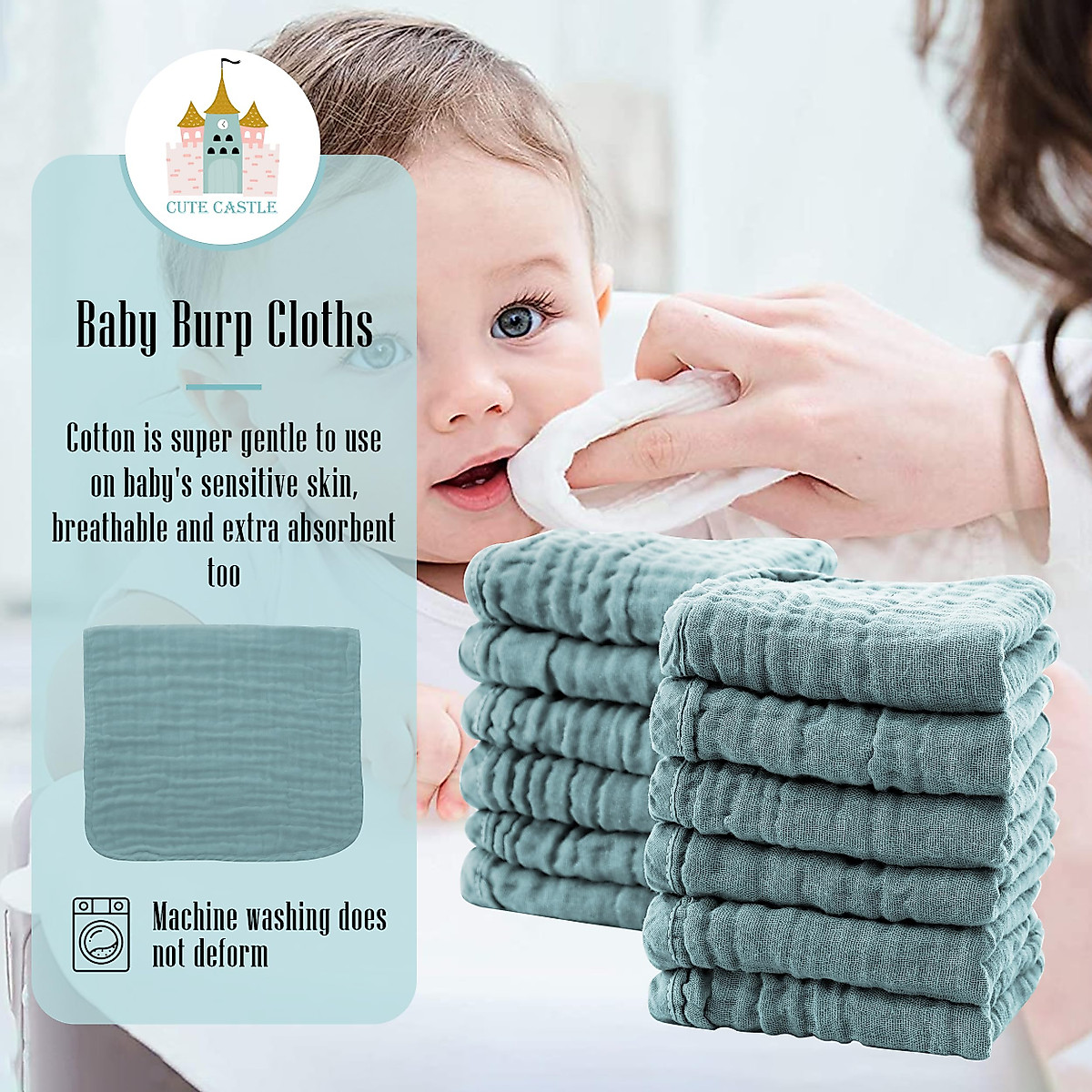 Cute Castle 12 Pack Muslin Burp Cloths for Baby - Ultra-Soft 100% Cotton Baby Washcloths - Large 20'' by 10'' Super Absorbent Milk Spit Up Rags - Burpy Cloths for Unisex, Boy, Girl - Dark Green