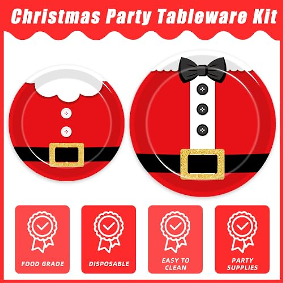 Kepeel 96 Pcs Santa Christmas Paper Plates Santa Claus Suit Disposable Party Plates Napkins Set Merry Christmas Holiday Dinnerware Party Decoration Supplies, Serves 24