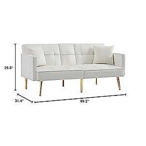 Voohek Loveseat, Velvet Armrests and Cup Holders Bedroom Modern Convertible Sofa Bed, Upholstered Sleeper Couch Folding Furniture for Compact Small Space, Dorm, Living Room Apartment, Office, White